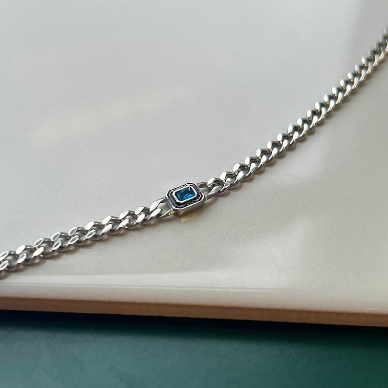 Mens Necklace - Vintage Silver Chain Necklace - Curb Chain Gemstone ...