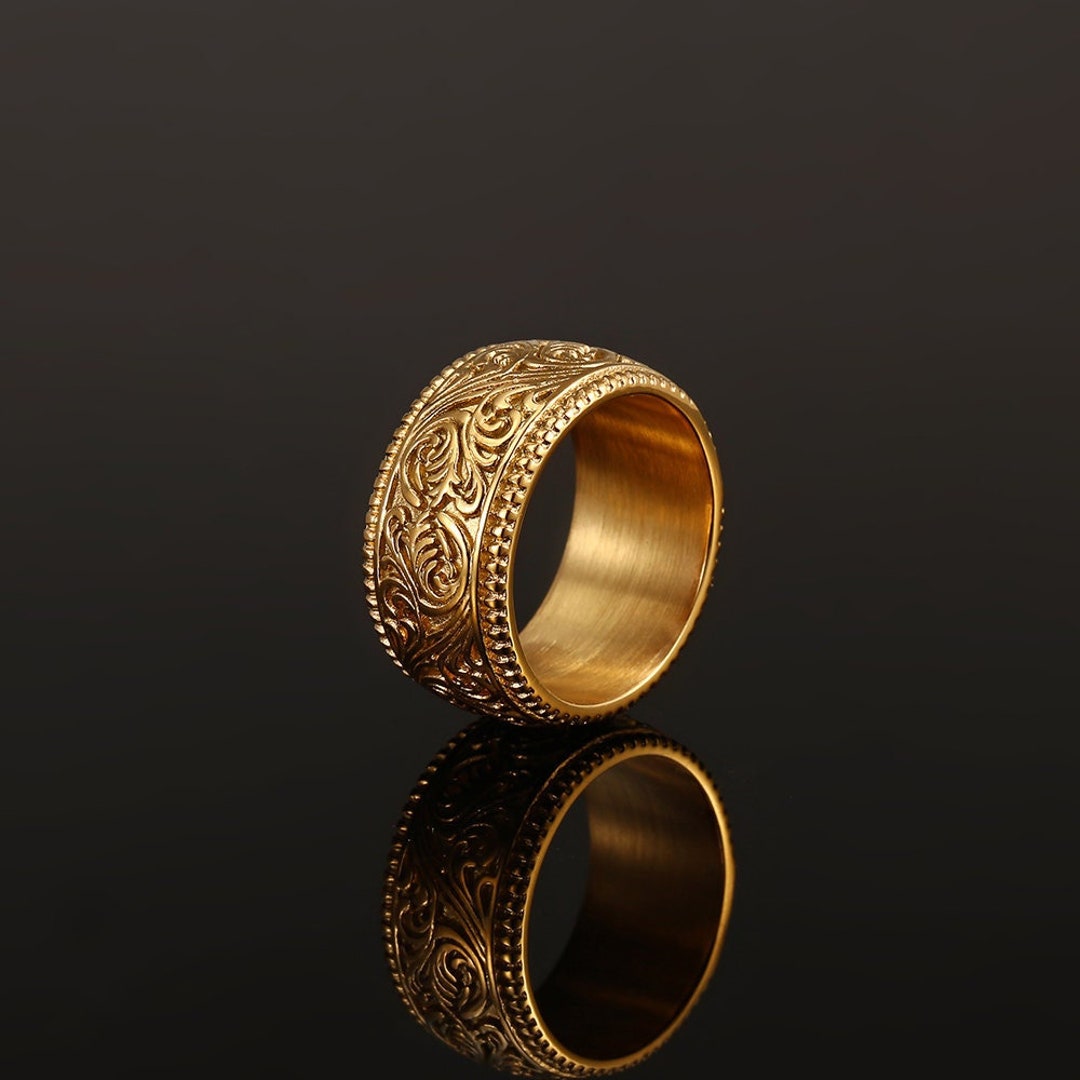 Mens Ring, Chunky Patterned Gold Band Ring - Mens Gold Band Ring - Gold ...