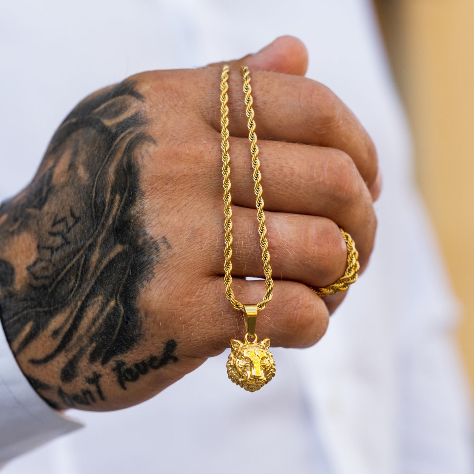 Mini Tiger Necklace - Mens 18K Gold Plated Necklace - Tiny Gold Chain ...