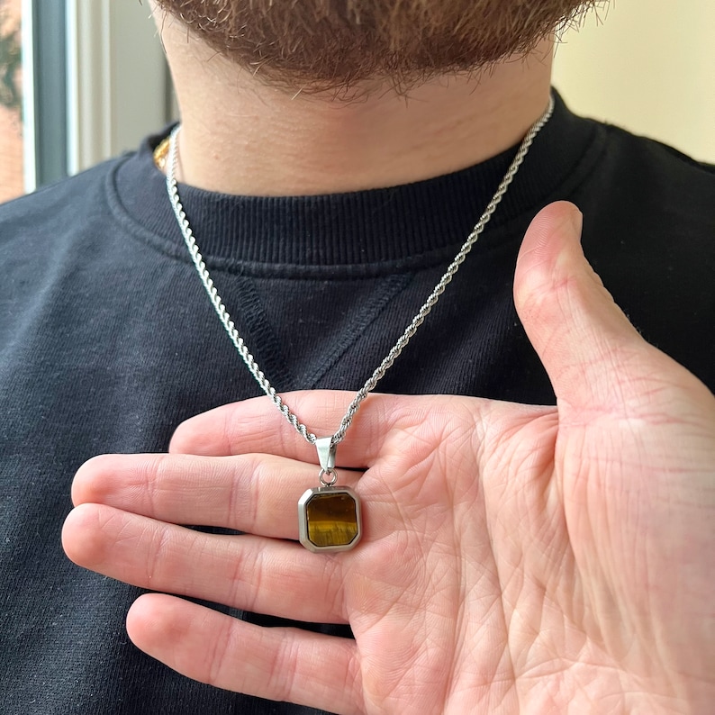 Mens Necklace Silver Tigers Eye Mens Pendant Necklace Silver - Etsy
