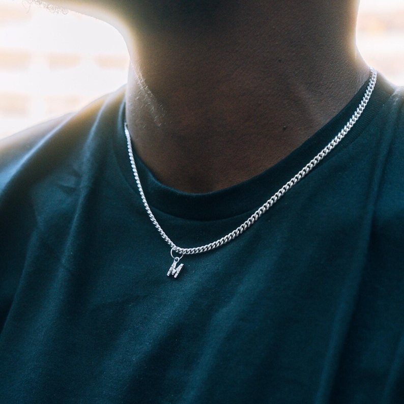 Mens Initial Necklace, Silver Curb Chain With Initial Letter Pendant ...