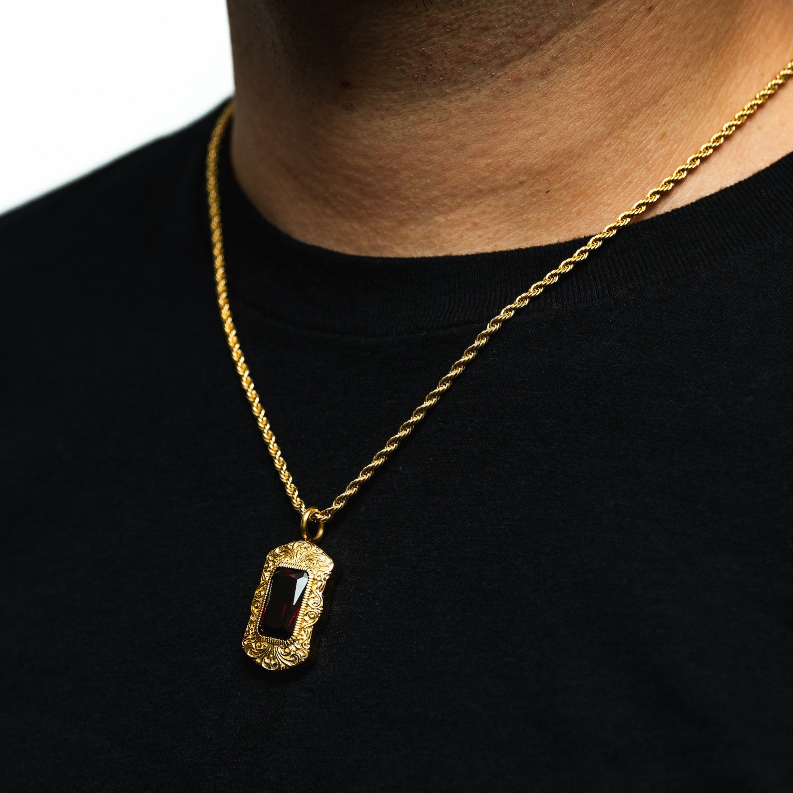 Red Gem Pendant Necklace - 18K Gold Large Patterned Necklace for Men ...