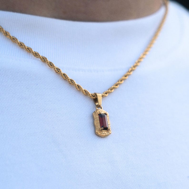 Mens Necklace - 18K Gold Ruby Red Styled Gem Necklace for Men - Vintage ...