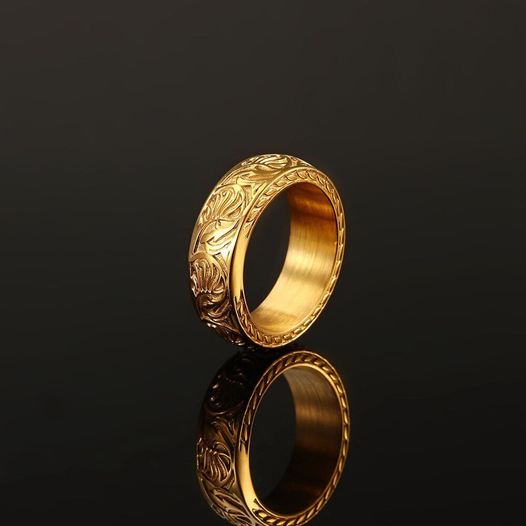 Mens Ring, Chunky Patterned Gold Band Ring - 18K Gold Band Ring - Gold ...