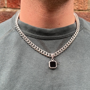 Mens Necklace, Silver Onyx Pendant Men, Mens Silver Chain Square Black ...