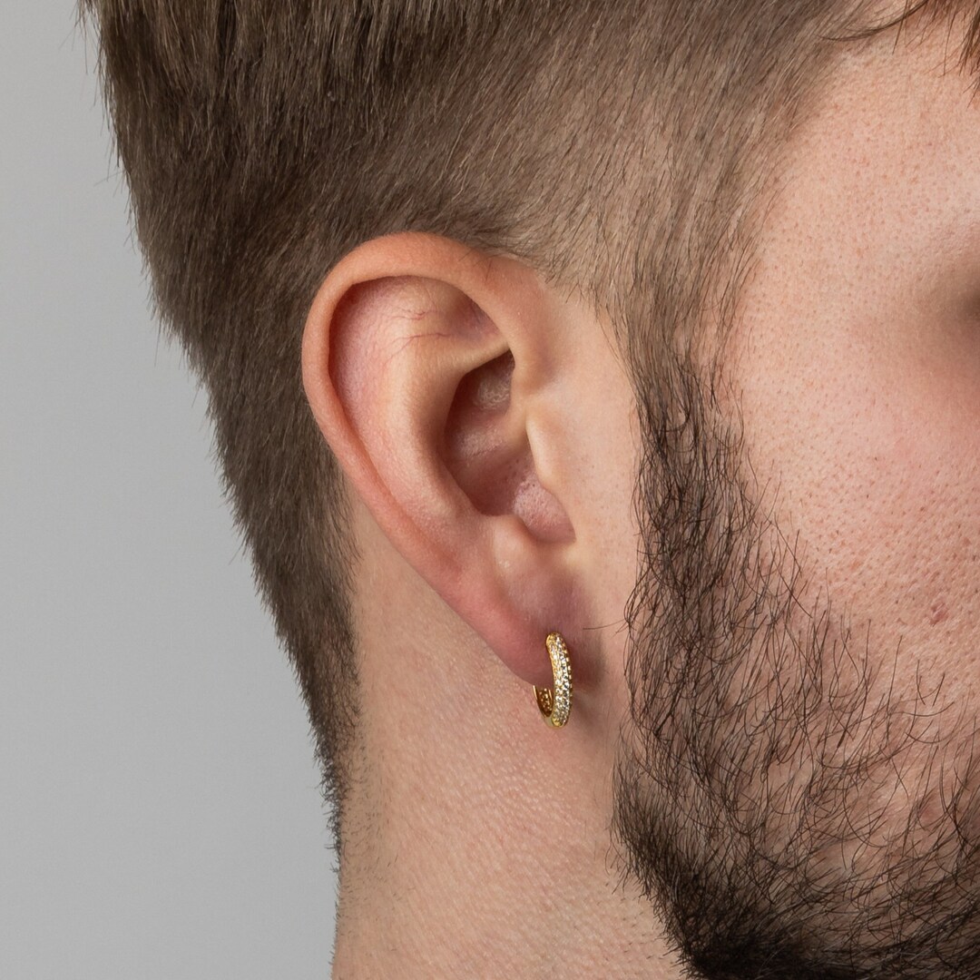 Mens Earring, Chunky Gold Diamond Hoop Earring, Mens Hoop Earring, Gold ...