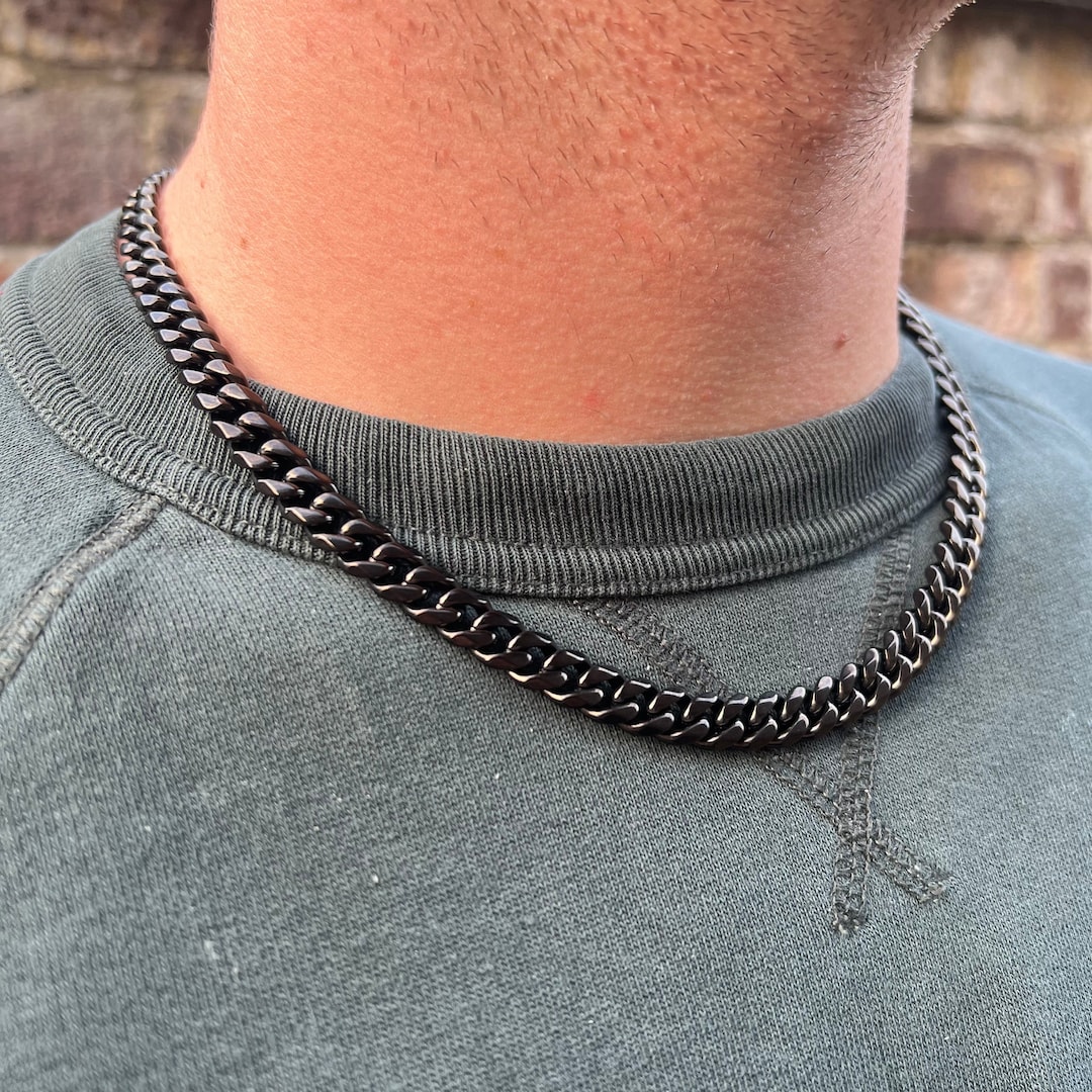 8mm Black Chain Necklace, Mens Thick Black Cuban Chain, Mens Black ...