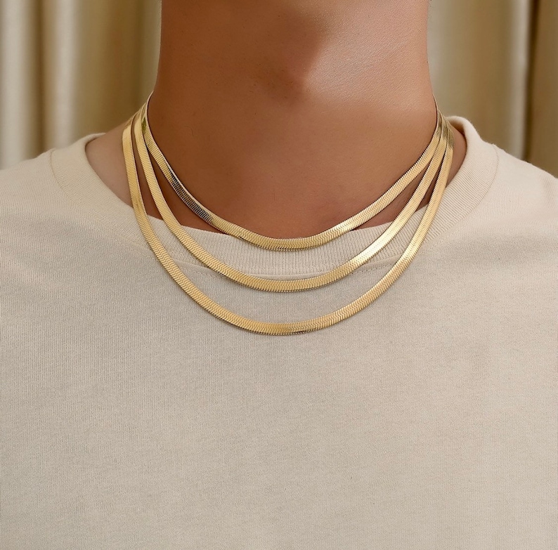 Mens Necklace, 18K Gold Snake Chain, 5mm Gold Chain Man Necklace Flat ...