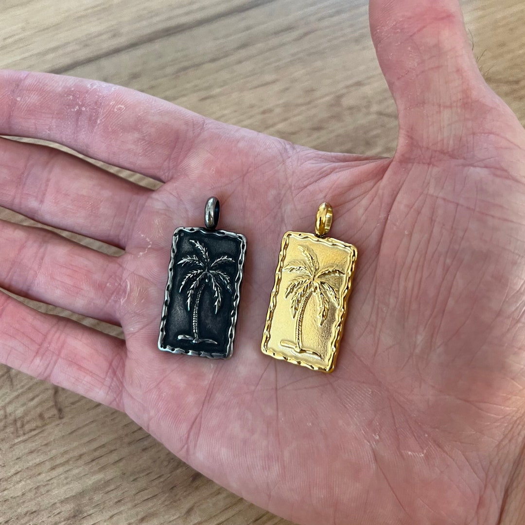 18K Gold Palm Tree Pendant Necklace - Mens Gold Necklace - Large Gold ...