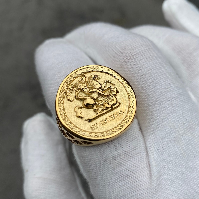 18K Gold Sovereign Ring, St George Ring Men, Gold Signet Ring Men, Mens ...
