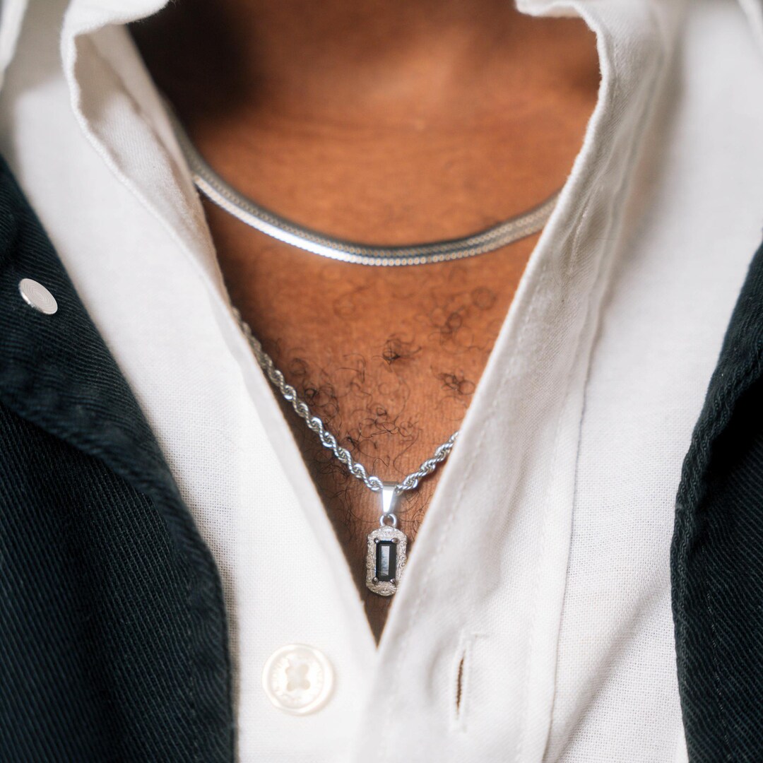 Mens Necklace - 18K Gold Ruby Red / Black Gem Styled Necklace for Men ...