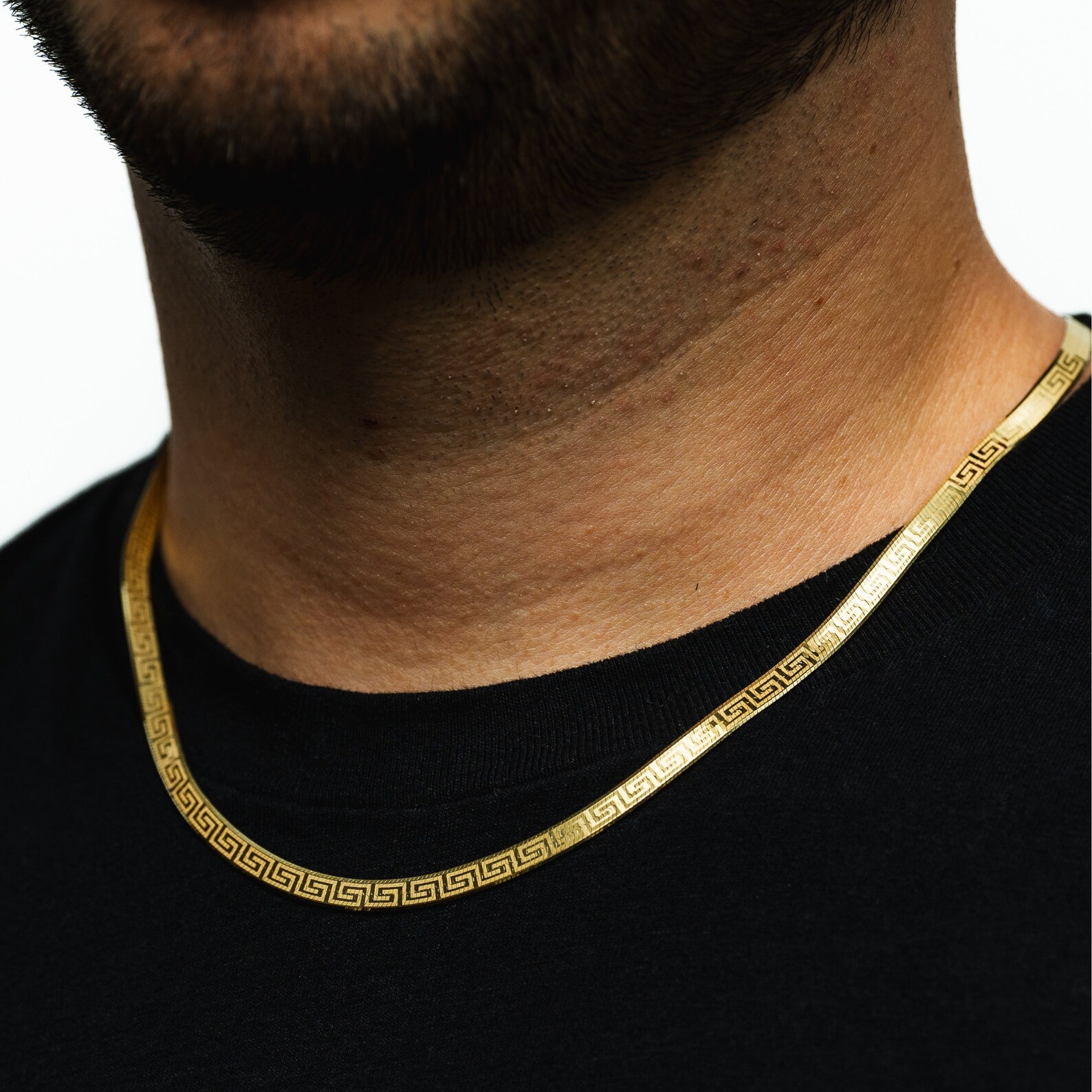 23K Gold Flat Snake Necklace - 5mm Gold Chain - Greek Key Pattern Chain ...