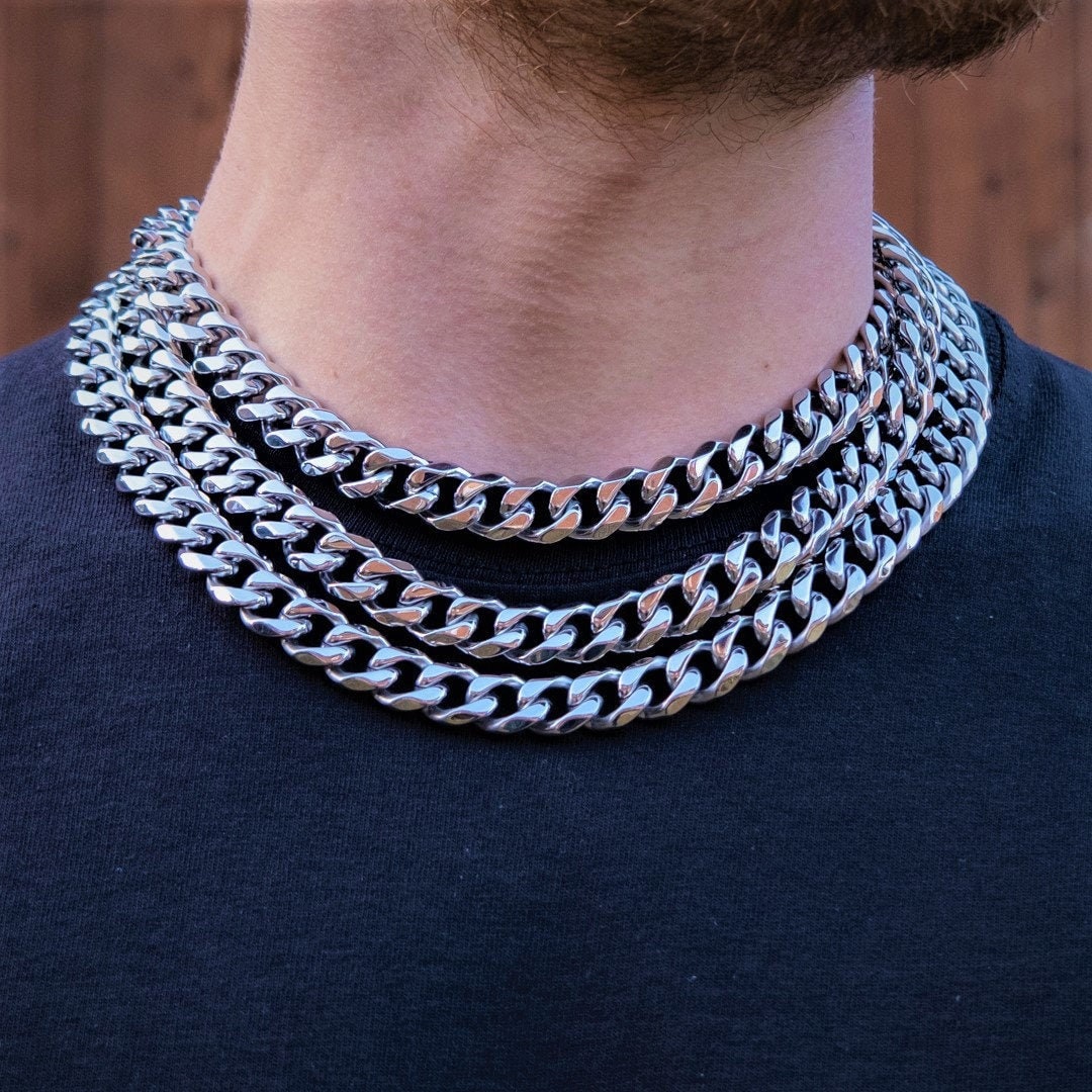Mens Chain Silver Thick Necklace Chain Choker Cuban Curb 13mm Stainless ...