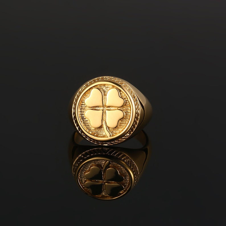 Mens Ring Gold Signet Ring 4 Leaf Clover Ring Lucky Ring - Etsy