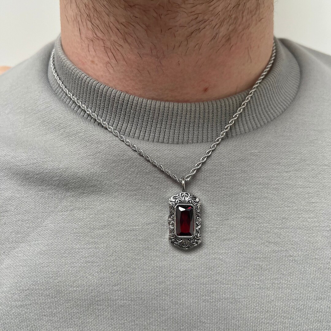 Mens Necklace, Silver Red Diamond Pendant Necklace - Vintage Silver ...