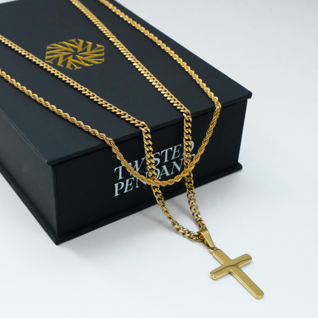 18K Gold Cross Pendant Necklace Set - Cross Chain Pendant for Men ...