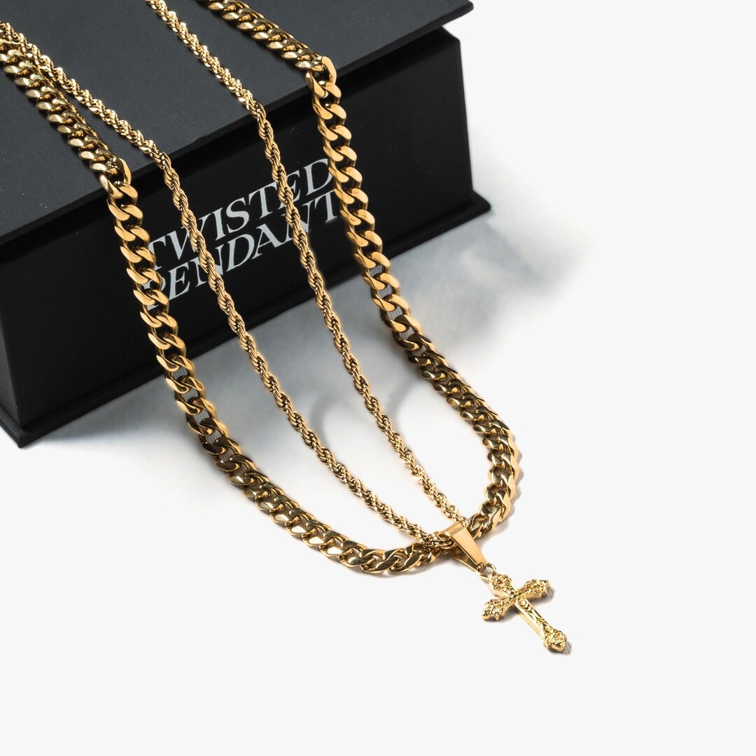 Mens Gold Cross Pendant Necklace Set - Small Vintage Cross Chain ...