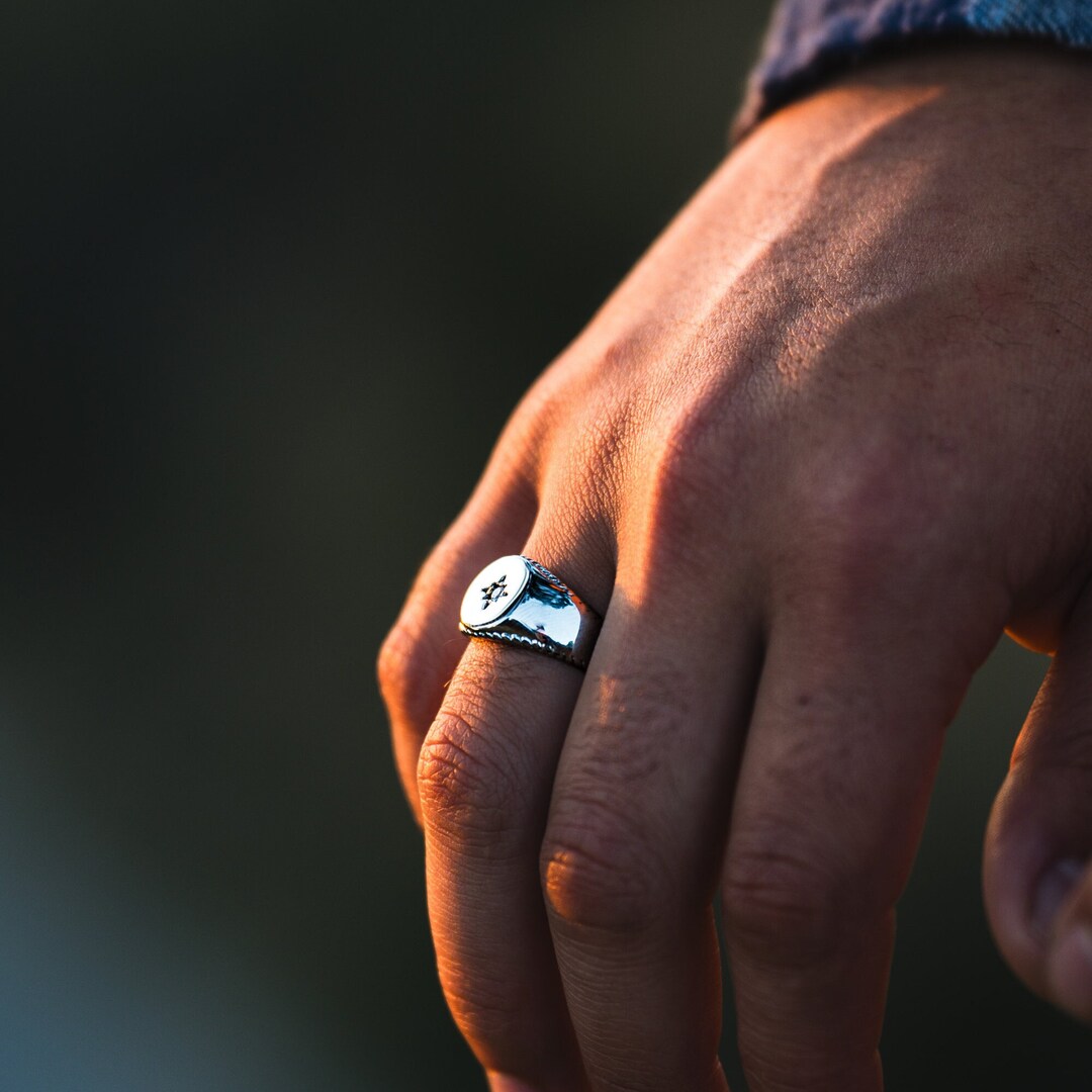 Mens Ring, Silver North Star Signet Ring Men, Cubic Zirconia Silver ...