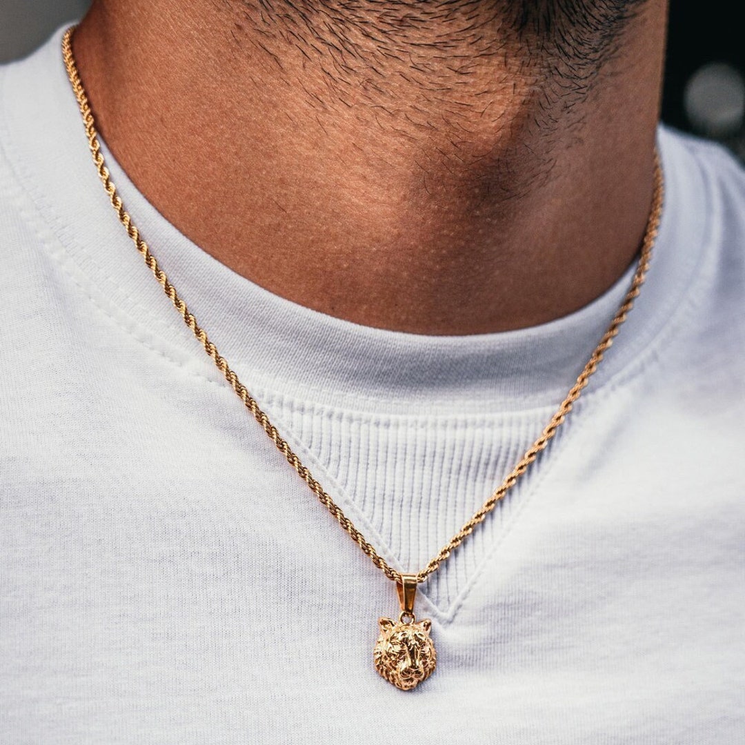 Mens Necklace, Gold Tiger Pendant, Mini Gold Pendant Necklace Men, Gold ...
