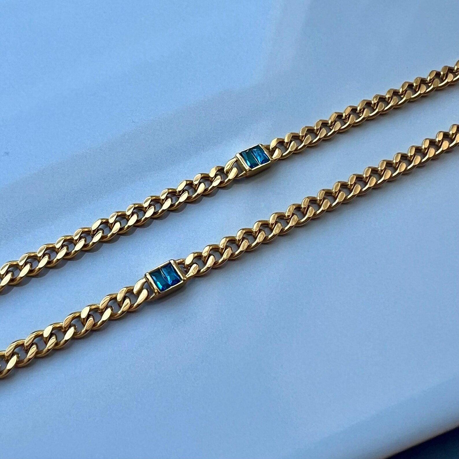 Mens Necklace - Gold Sapphire Blue Necklace for Men - Mens Gold Curb ...