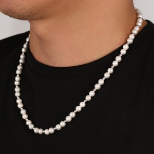 Mens Pearl Necklace Chain 6MM Shell Pearl Necklace Men, Silver Chain ...