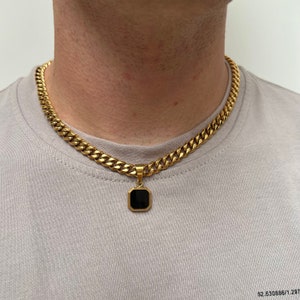 Mens Necklace, 18K Gold Square Gemstone Pendant Necklace for Men, Gold ...