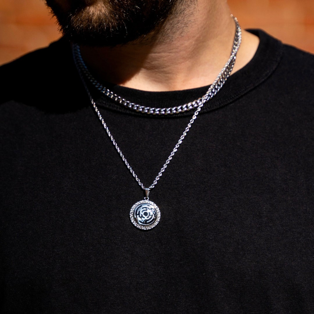 Silver Maze Pendant - Mens Silver Round Pendant - Black Onyx Necklace ...