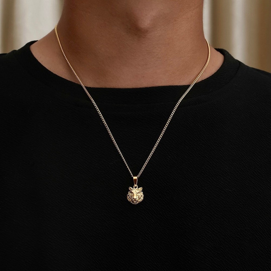 18K Gold Tiger Necklace, Gold Tiger Pendant Mens Chain Tiger Pendant ...