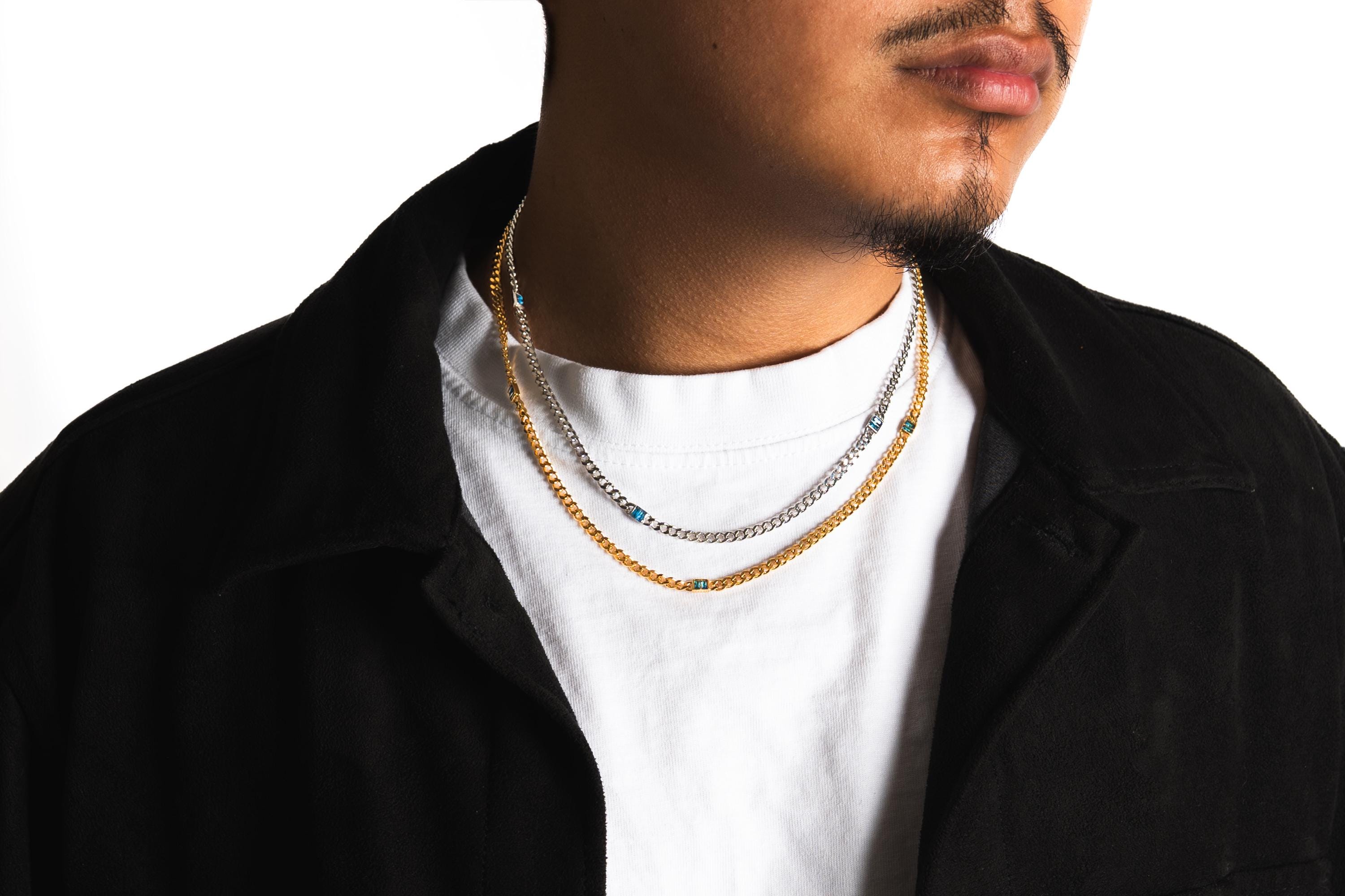 Mens Necklace - Gold Sapphire Blue Necklace for Men - Mens Gold Curb ...
