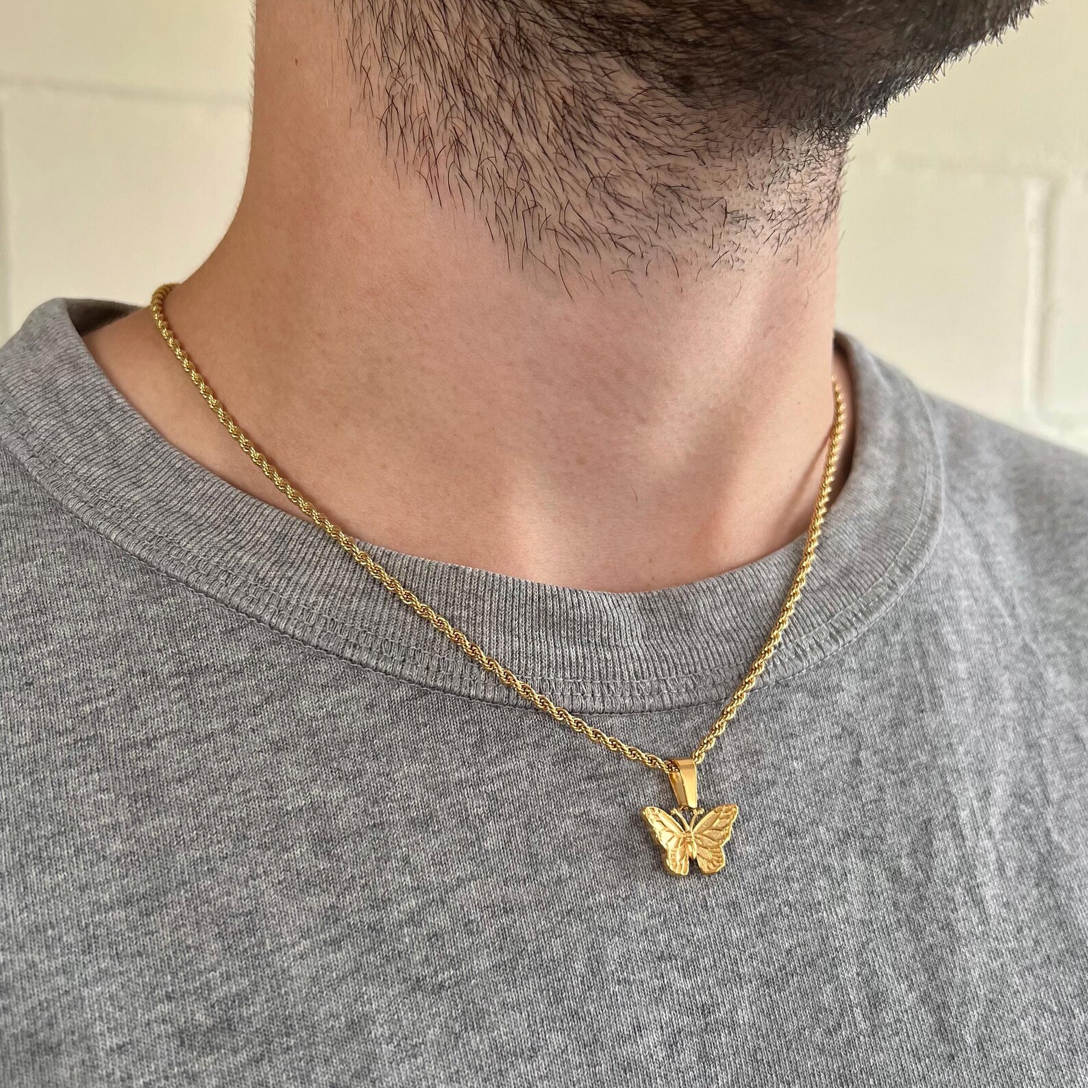 18K Gold Butterfly Pendant Necklace for Men - Mens Necklace - Gold ...