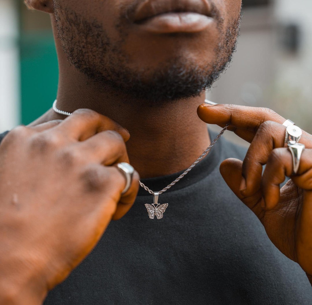 Silver Butterfly Pendant Necklace - Mens Silver Necklace - Silver Chain ...