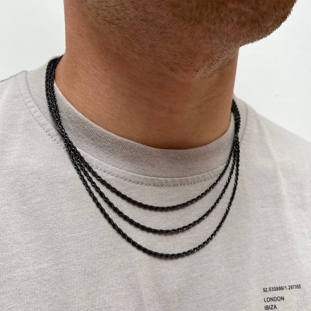 Mens Necklace Black Rope Chain, Black Chain Necklace 2.5mm, Mens Black ...