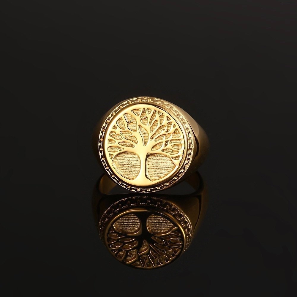 Mens Ring Gold Tree of Life Ring - Signet Ring Mens - Large Pinky Ring ...