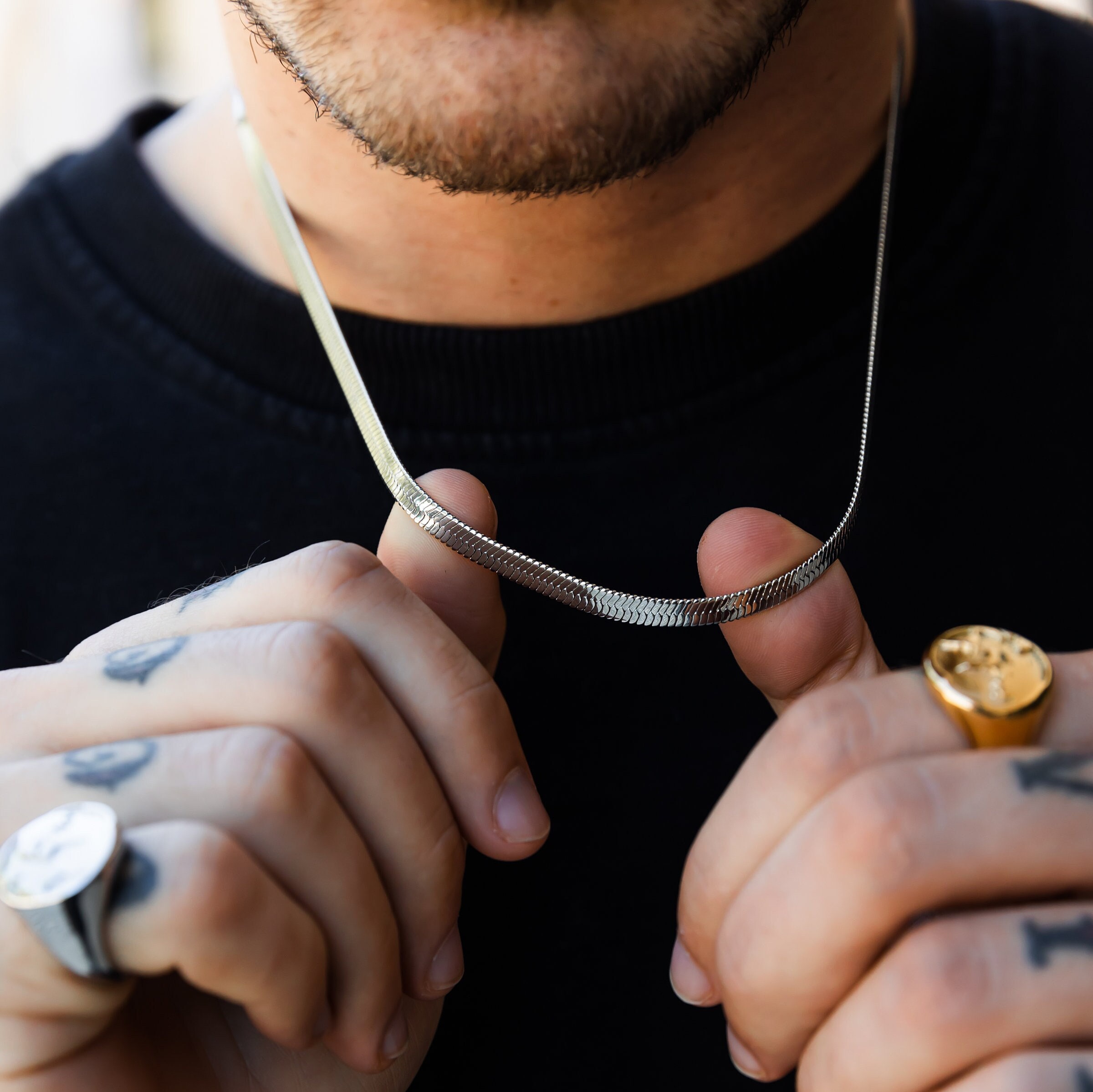 Mens Necklace, 18K Gold Snake Chain, 5mm Gold Chain Man Necklace Flat ...
