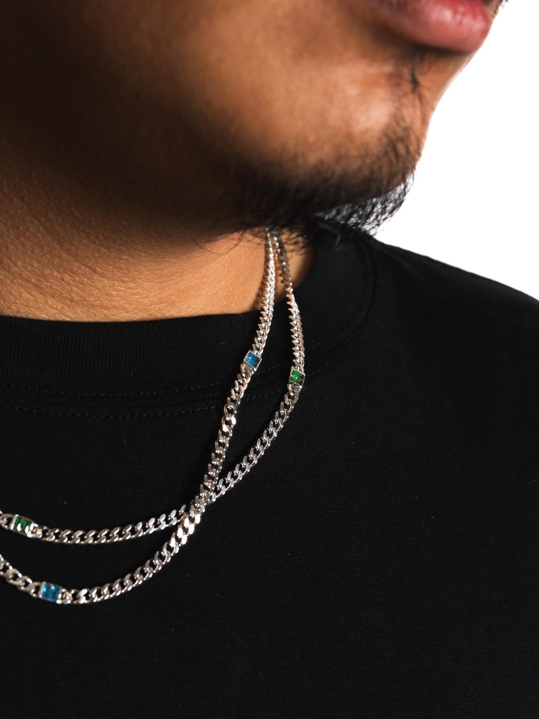 Mens Necklace - Silver Green / Blue Gem Chain Necklace for Men- Mens ...