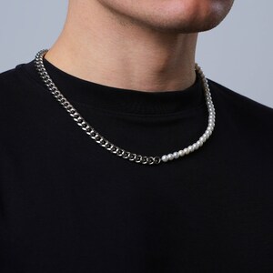 Mens Pearl Necklace - Silver Half Pearl Silver Cuban Link Chain ...