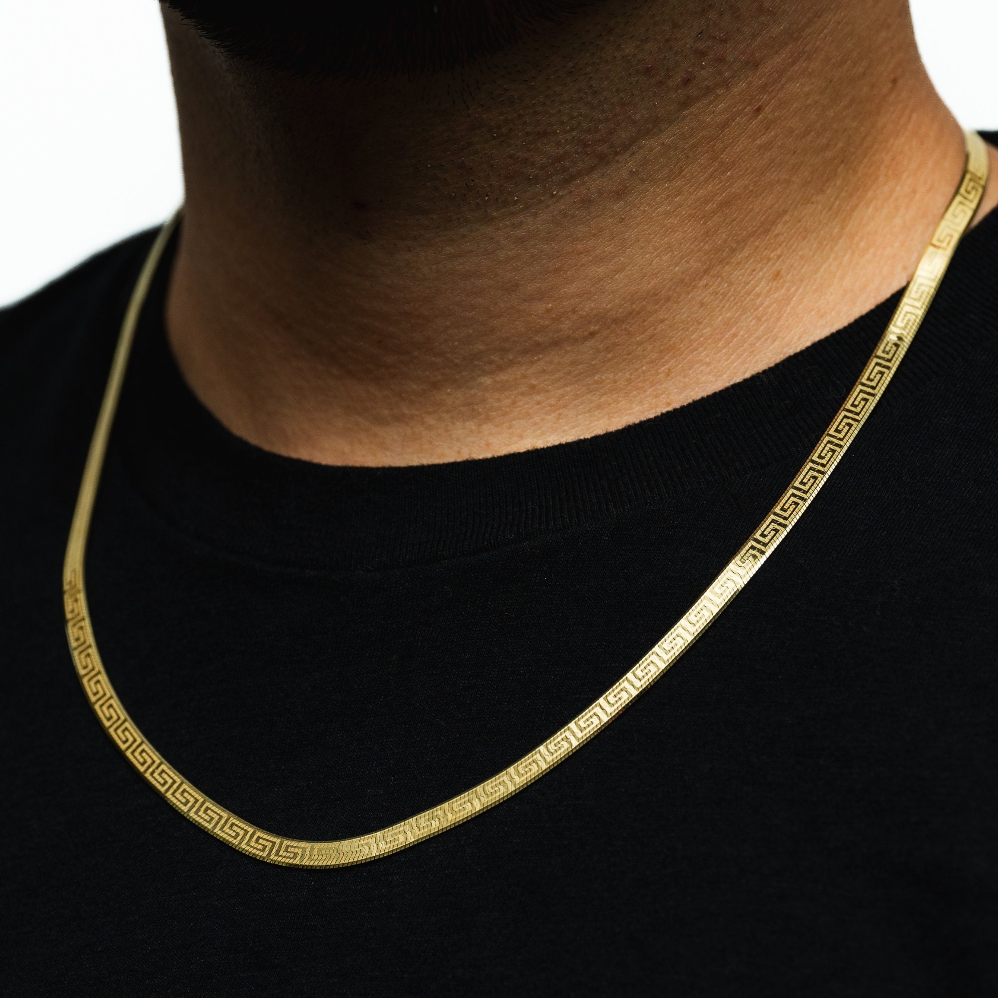 23K Gold Flat Snake Necklace - 5mm Gold Chain - Greek Key Pattern Chain ...