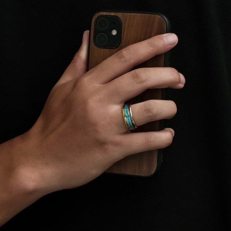 Mens Ring 18K Gold Fire Opal Band Ring Men's Gold - Etsy