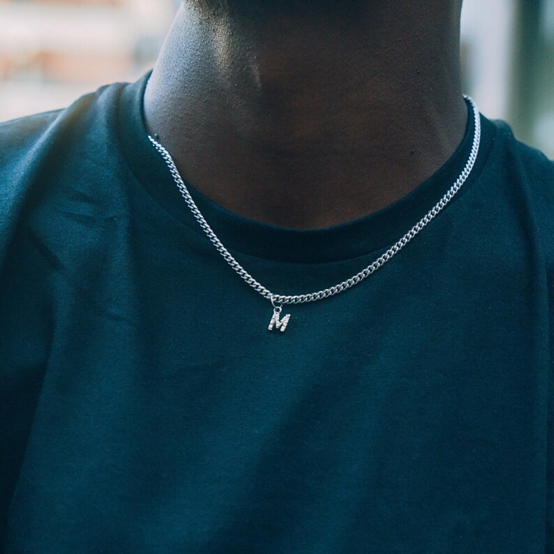 Mens Initial Necklace, Silver Curb Chain With Initial Letter Pendant ...