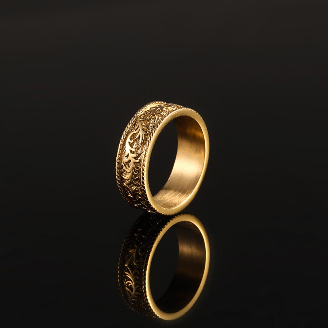 Mens Ring, Vintage Patterned Gold Band Ring - 18K Gold Band Ring ...