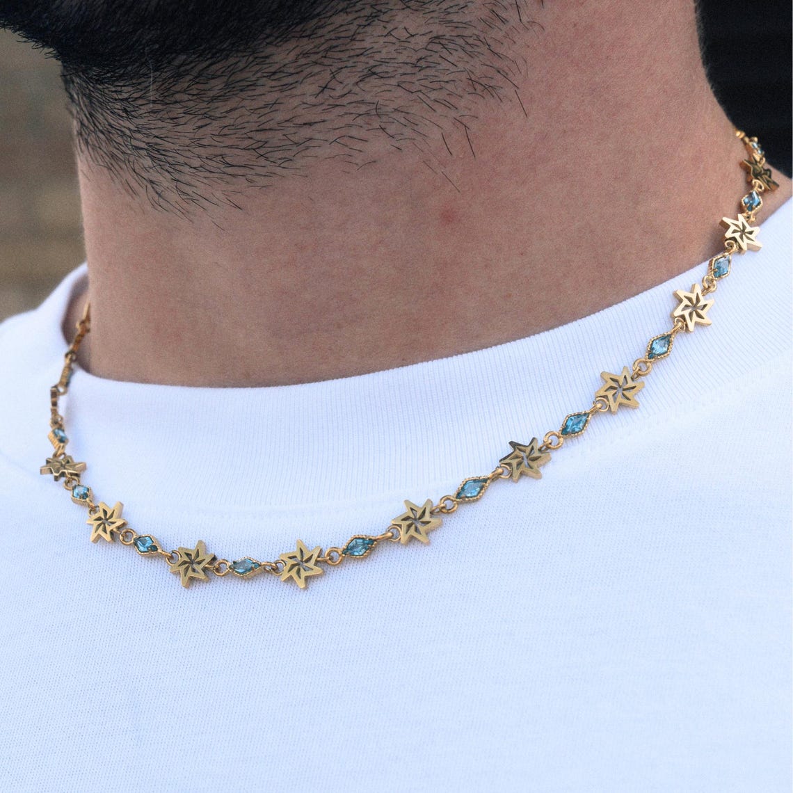 Mens Necklace Gold Aquamarine Gemstone Chain Necklace for Men, Mens ...