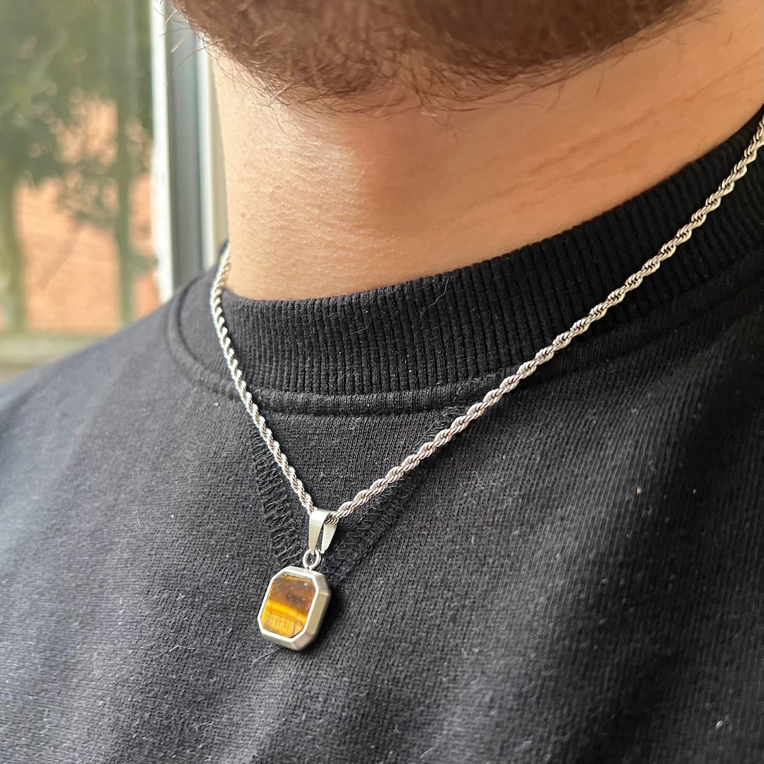 Mens Necklace, Silver Tigers Eye Mens Pendant Necklace, Silver Necklace ...