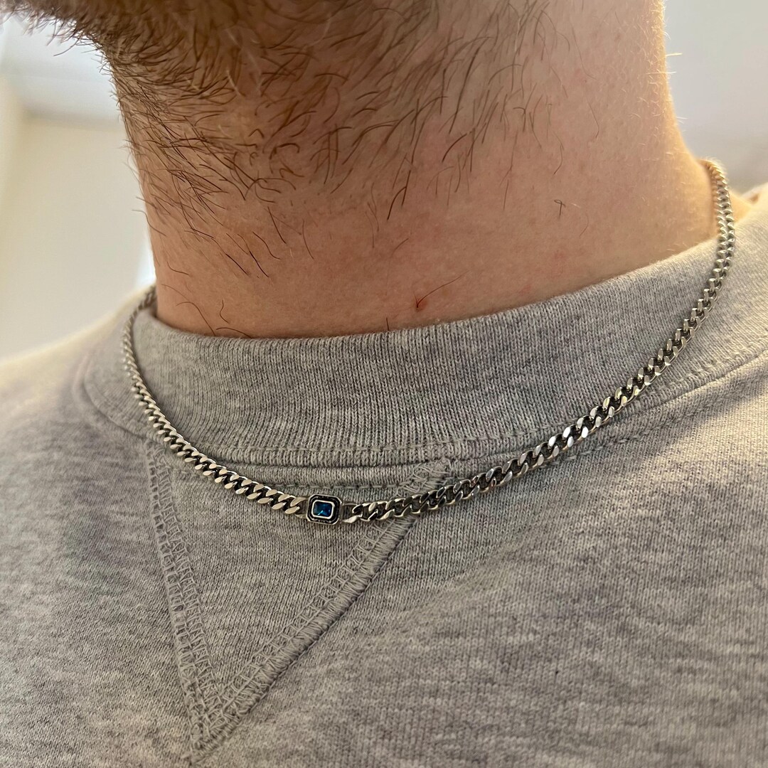Mens Necklace - Silver Blue Vintage Gem Necklace 4mm Silver Curb Chain ...