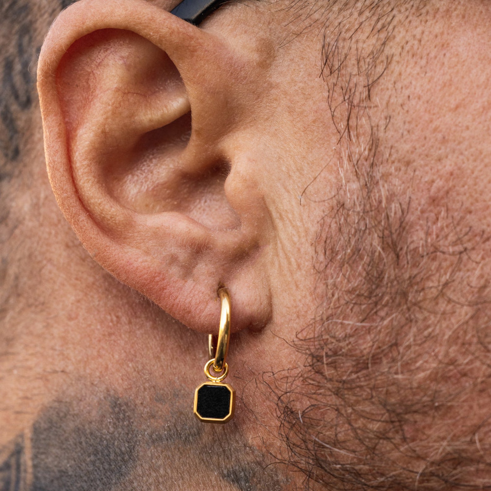 Mens Earrings - 18K Gold Dangle Earrings Men - Black Onyx Gemstone ...