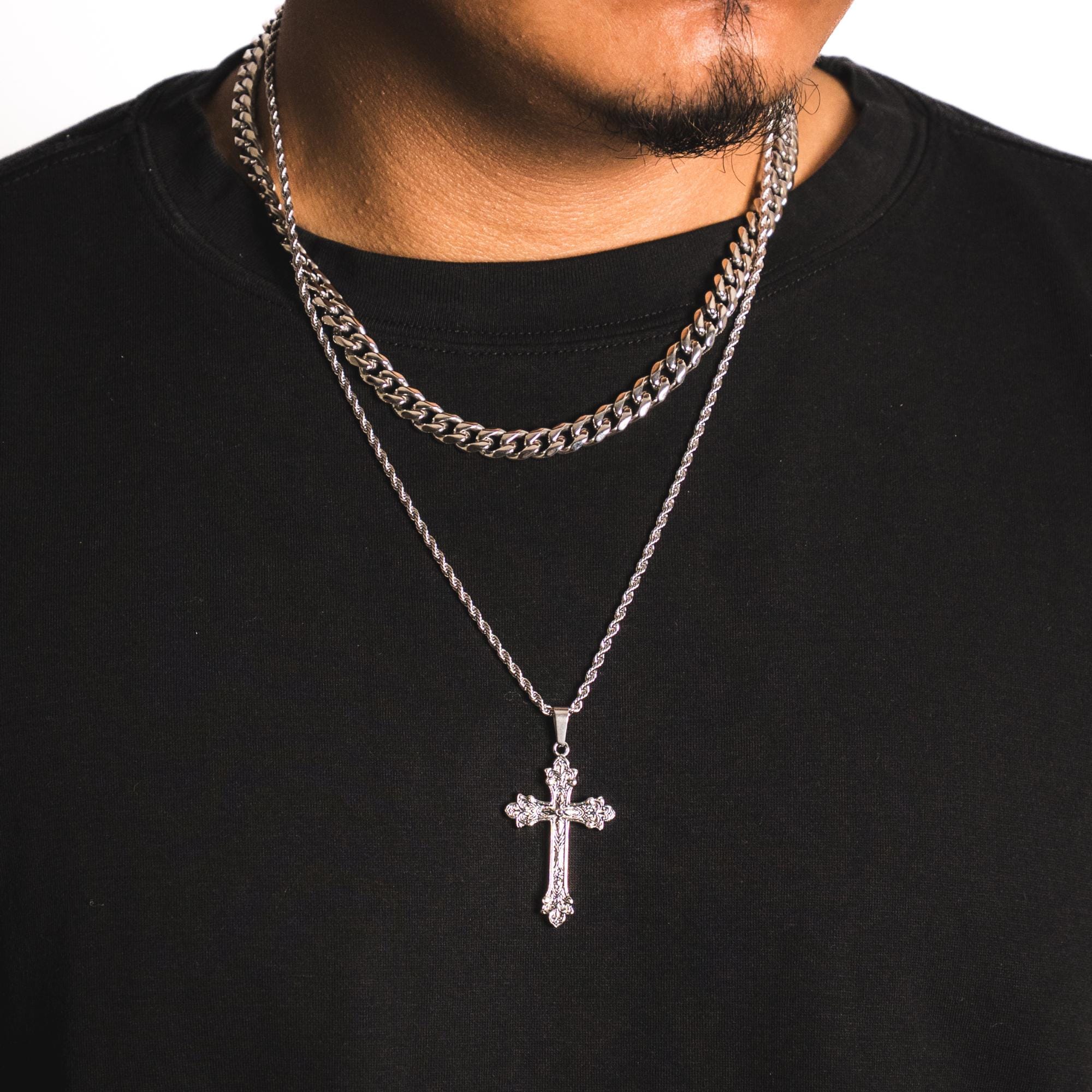 Silver Cross Necklace for Men - Mens Silver Cross + Layer 8mm Cuban ...