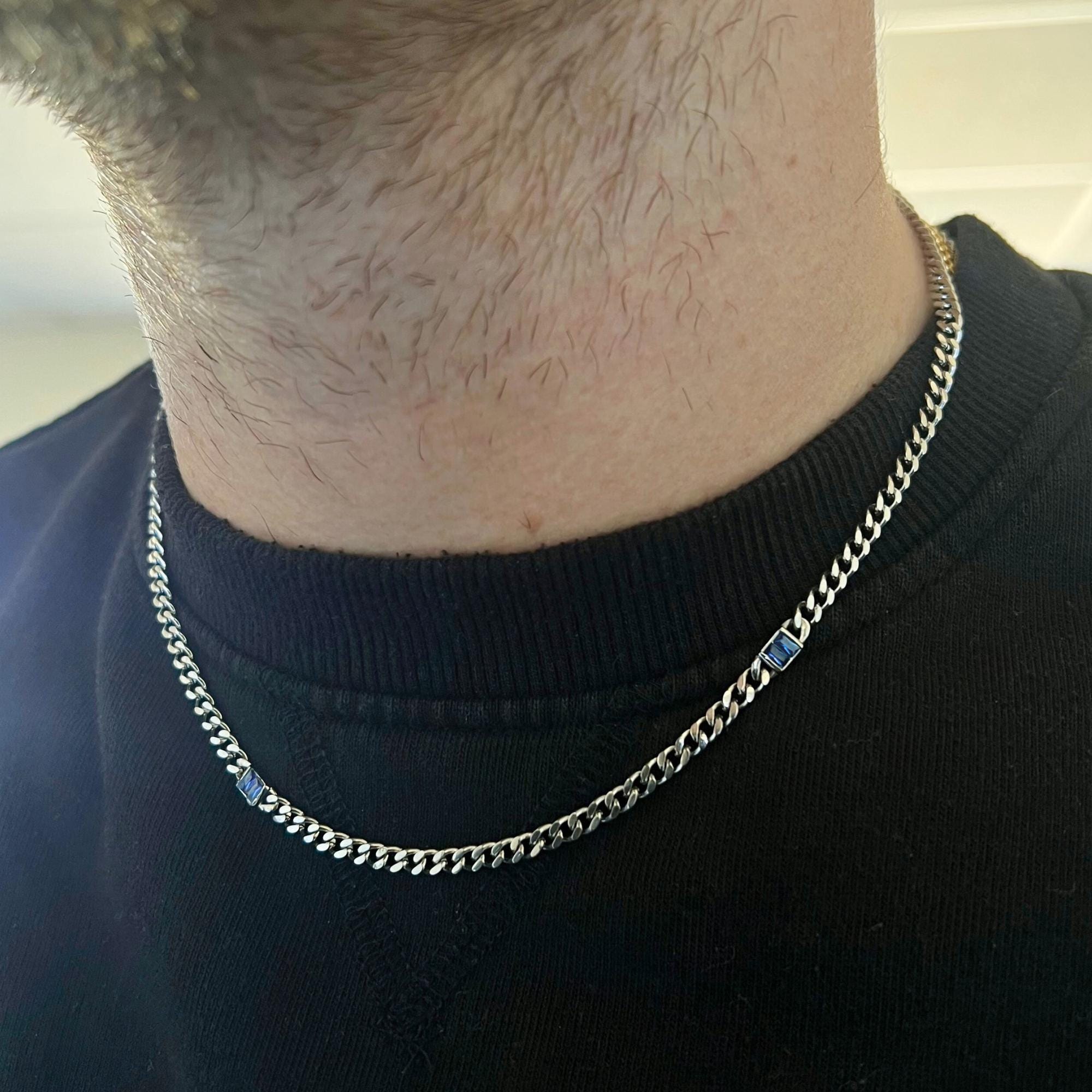 Mens Necklace, Silver Blue Vintage Gem Necklace 4mm Curb Chain Necklace ...