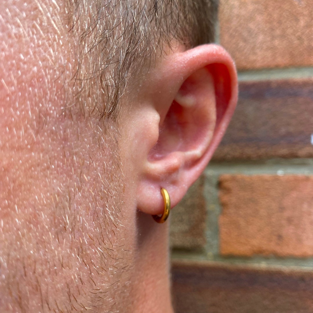 Mens Gold Hoop Earrings - 12mm Mens Hoop Earrings - 18K Gold Steel Hoop ...