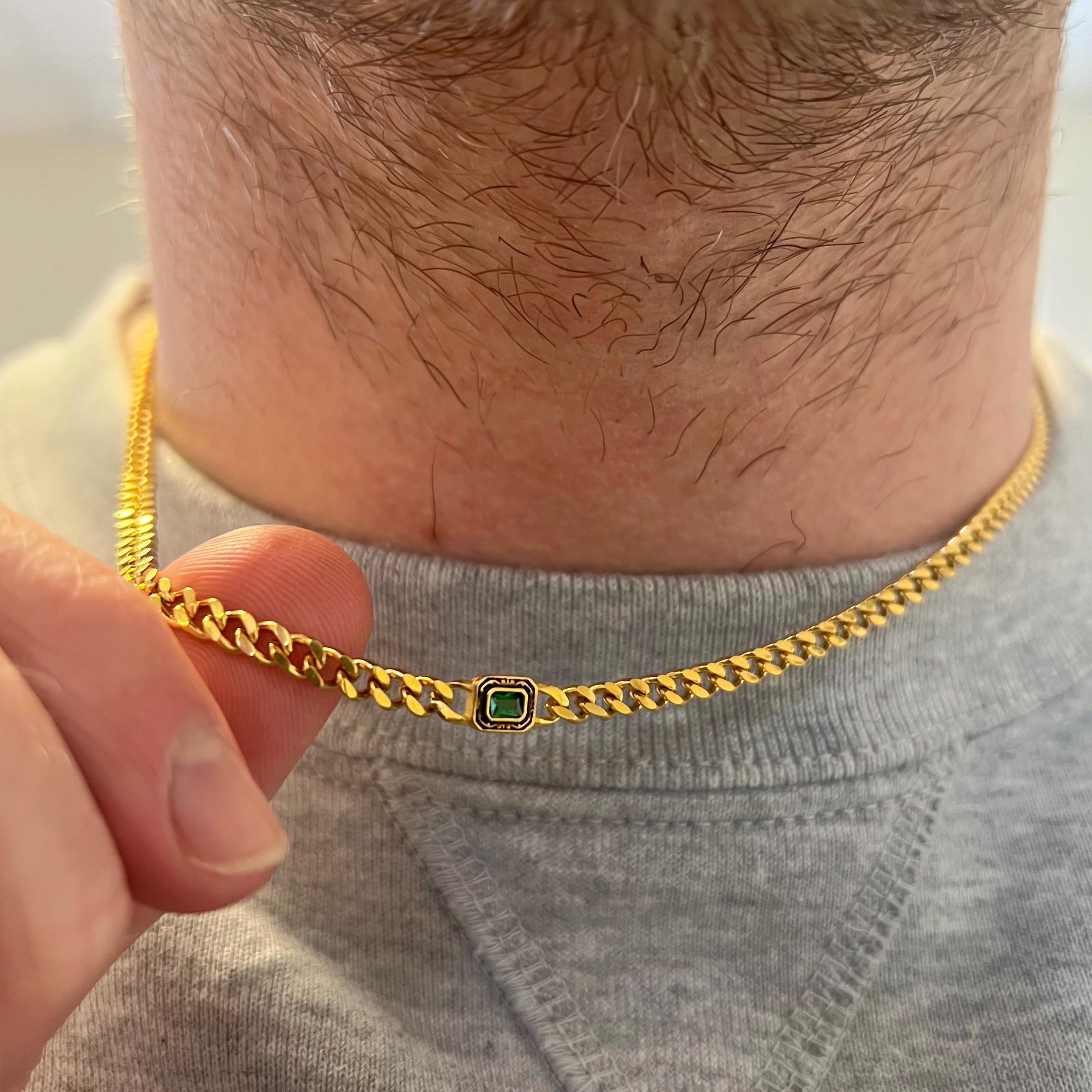 Silver Green Vintage Gem Necklace 4mm Curb Chain Necklace for Men, Mens ...