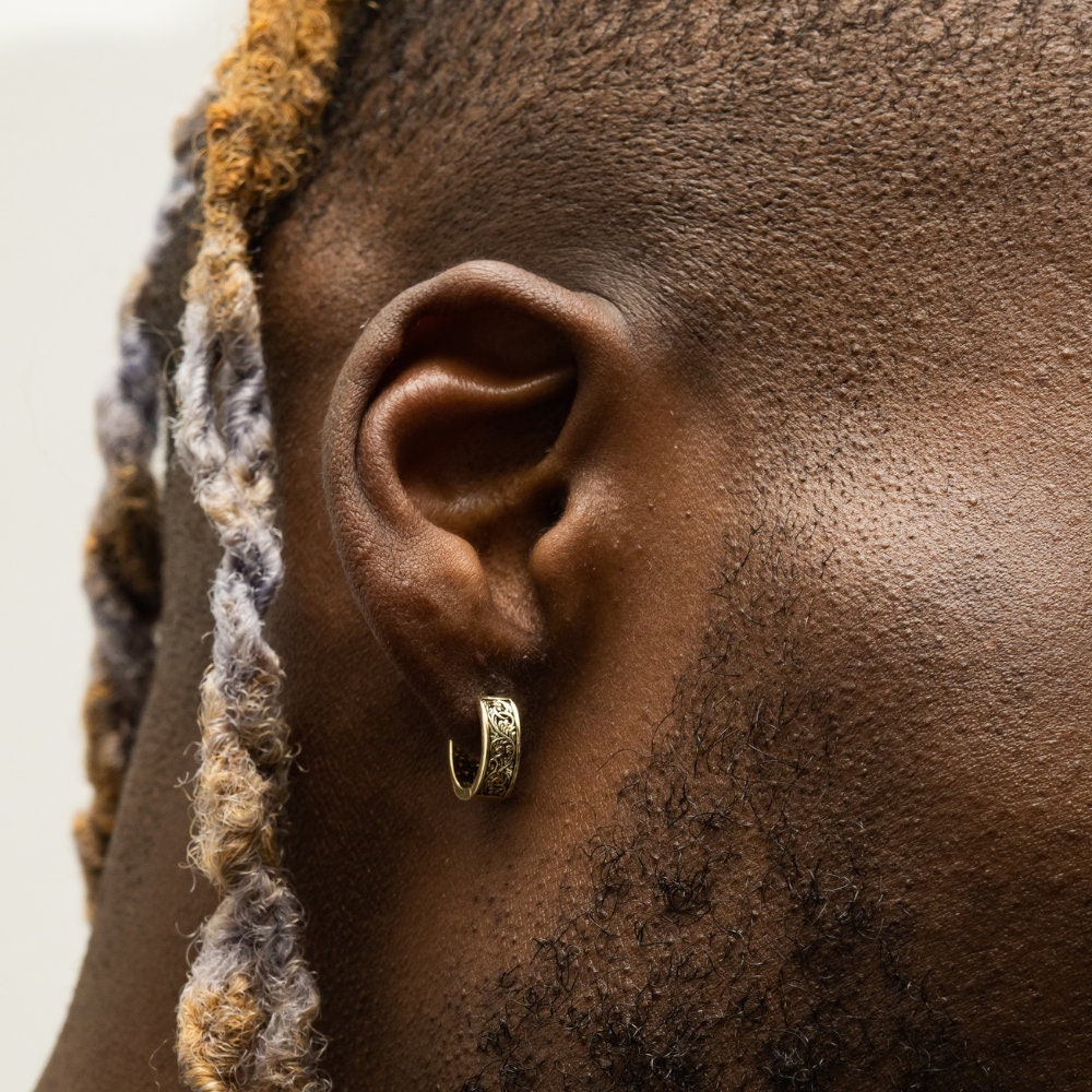 Mens Earrings - Mens Vintage 18K Gold Hoops, 12mm Gold Huggie Patterned ...