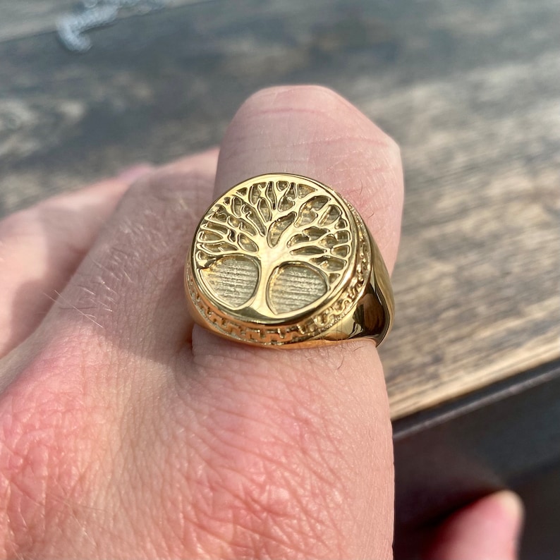 Mens Ring Gold Tree of Life Ring - Signet Ring Mens - Large Pinky Ring ...